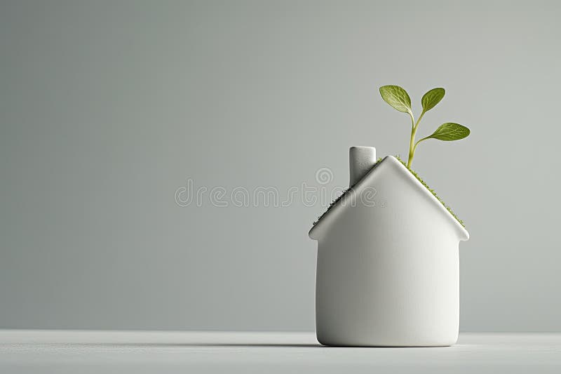 Growing Home Concept - Sprout Emerging from White House Model on Grey ...