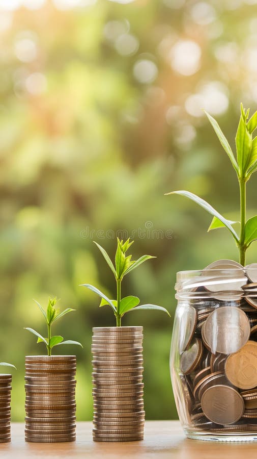 Growing Investments with Coin Stacks and Plants Stock Illustration ...