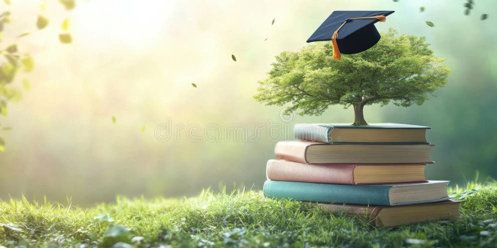 Growing Knowledge, Tree of Knowledge on Books with Graduation Cap, a ...