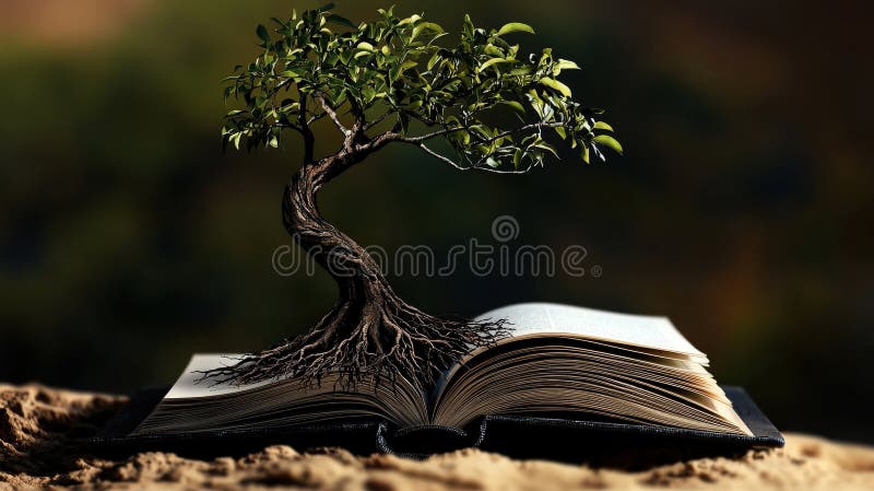 Growing Knowledge Tree Emerging from Open Book in Nature Inspiring ...