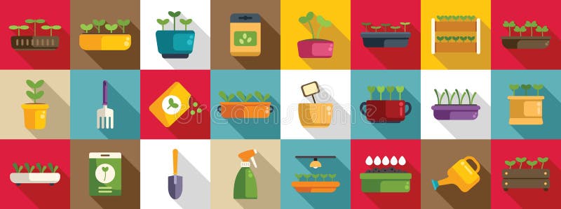 Growing Microgreens Icons Set. Seedling Growing in Pots and Planters with Garden Tools Icons Set ...