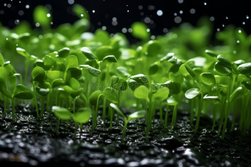 Growing Microgreens Sprouts Close-up, Watering Process, Water Droplets ...