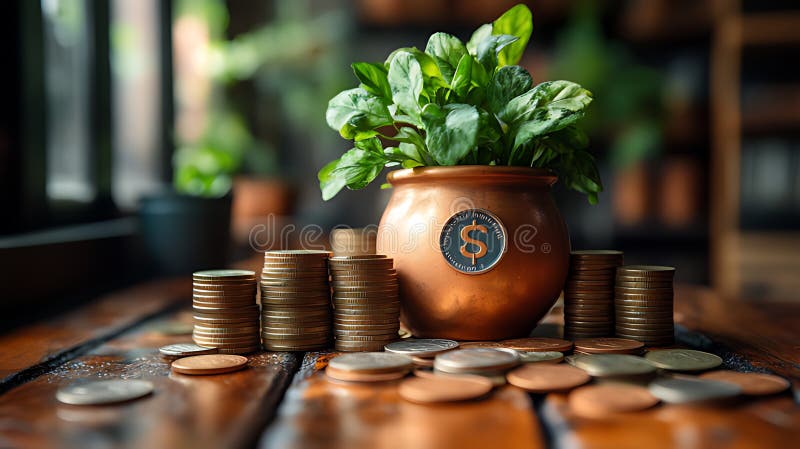 Growing Money Concept Plant in Copper Pot with Coins Stock Illustration ...