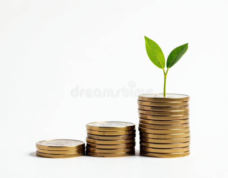 Growing Money Plant Sprout Emerging from Stack of Gold Coins Stock ...