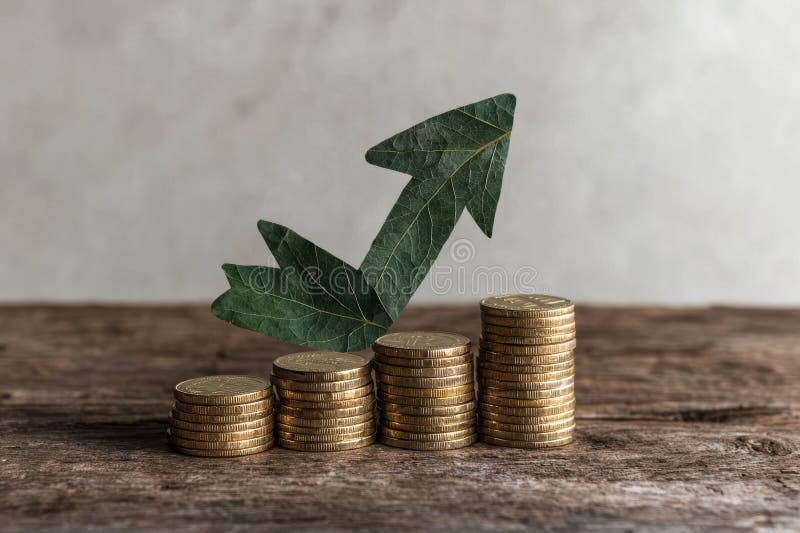 Growing Money: Stacks of Coins with a Green Leaf Arrow Pointing Upwards ...