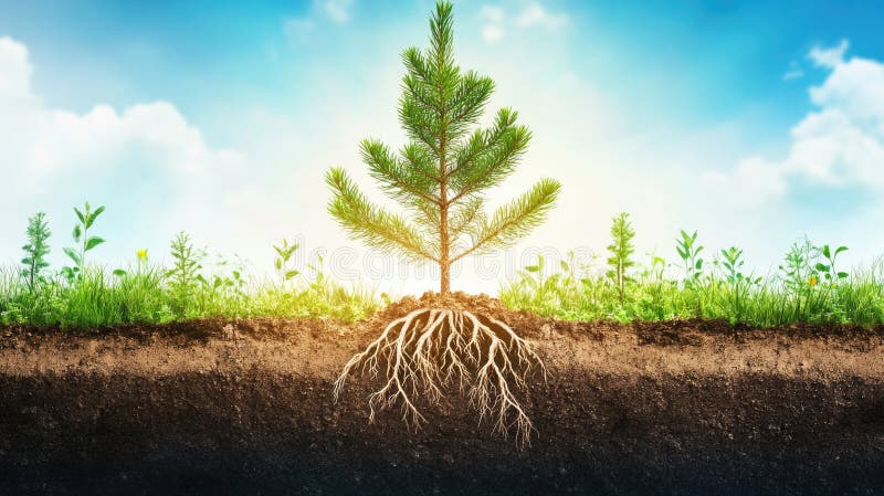 Growing Pine Tree with Visible Roots in Sunny Nature Landscape Stock ...
