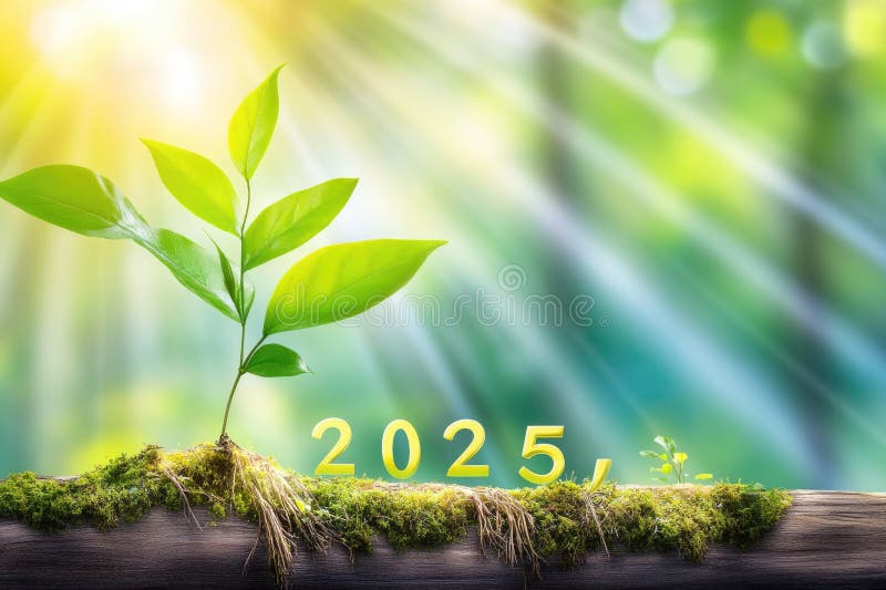 Growing Plant with 2025 Numbers on Mossy Log Under Sunlight in Forest ...