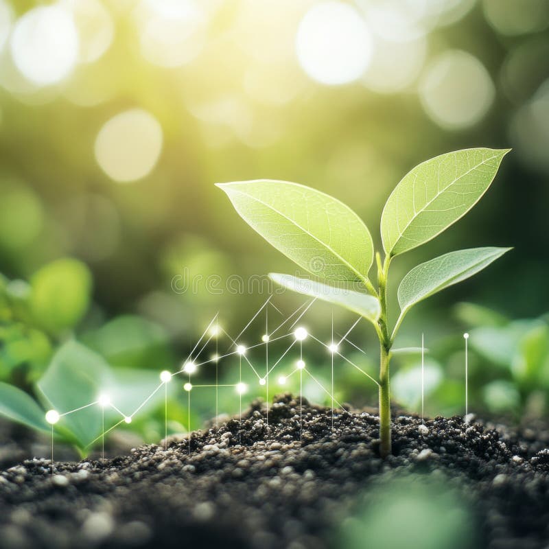 Growing Plant on Soil with Glowing Light and Data Visualization ...