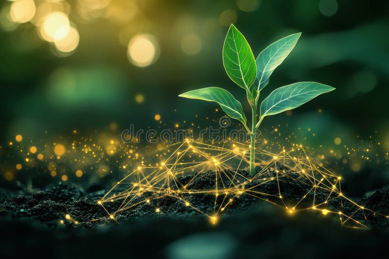 Growing Plant Tree with Digital Network Overlay. Stock Image - Image of ...