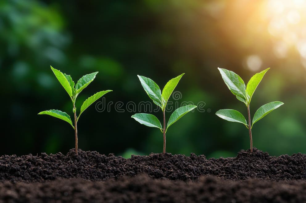 Growing Plants in Three Stages, Showcasing Saplings in Soil with Sunlight Stock Image - Image of ...