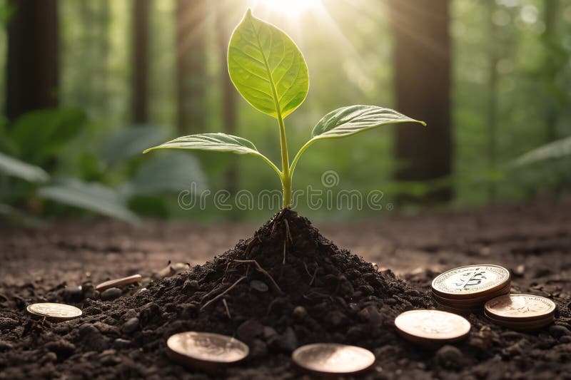 Growing Sapling with Coins in Forest Stock Illustration - Illustration ...