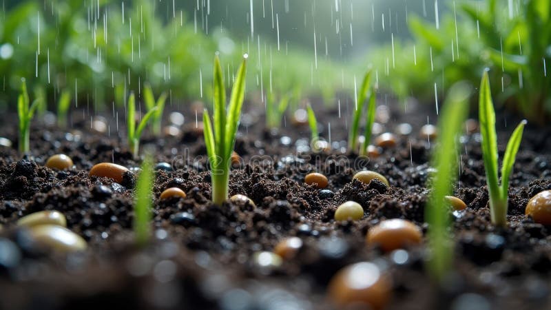 Growing Seedlings in Rain-drenched Soil with Sunlit Green Sprouts and ...
