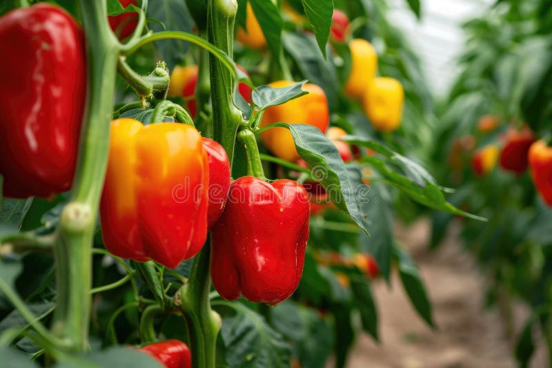 Growing Sweet Peppers in a Greenhouse Close-up Stock Illustration ...