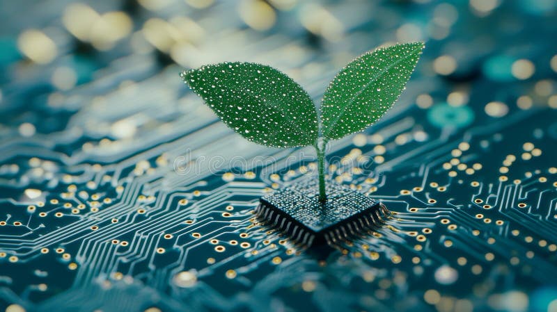 Growing Tree on the Converging Point of a Computer Circuit Board. Green ...