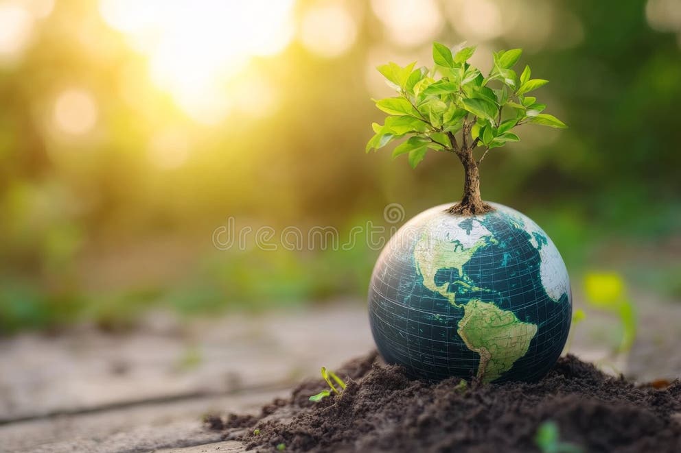 Growing Tree on Earth Globe with Soil and Nature in Background Stock ...