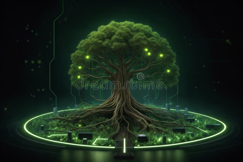 A Growing Tree Emerging from Computer CPU Circuit Board, Concept of ...