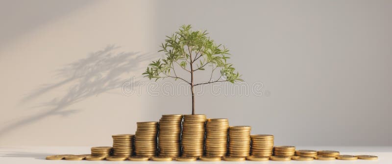 Growing Tree on Stack of Coins Symbolizes Financial Growth and ...