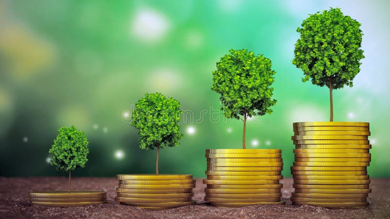 Growing Trees on Rising Gold Coin Stacks. 3D Illustration Stock ...