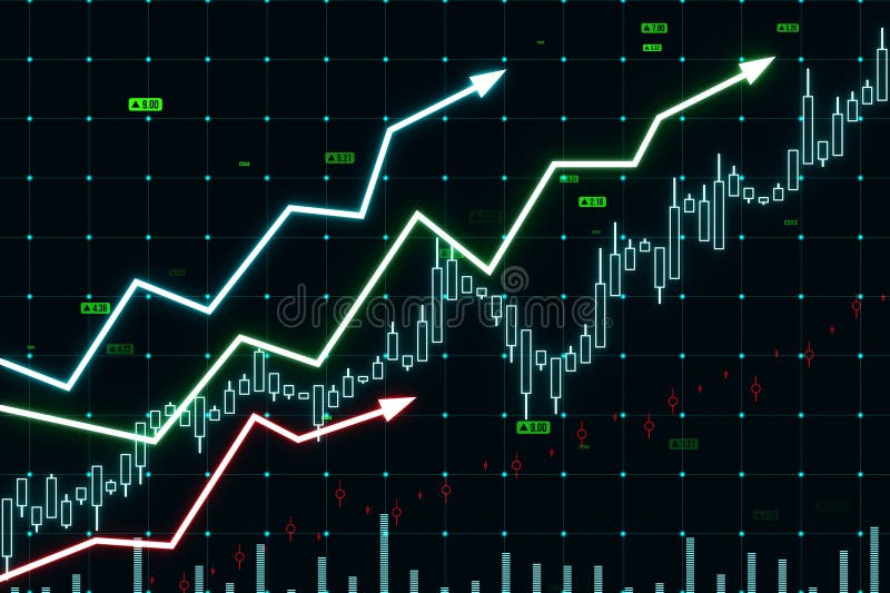 Growing Upward Arrows, Map and Forex Chart on Dark Backdrop. Global ...