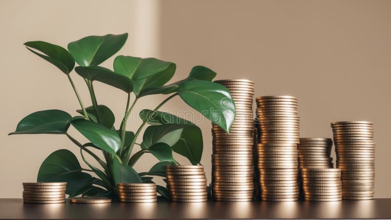 Growing Wealth a Collection of Coin Stacks Alongside an Indoor Plant on ...