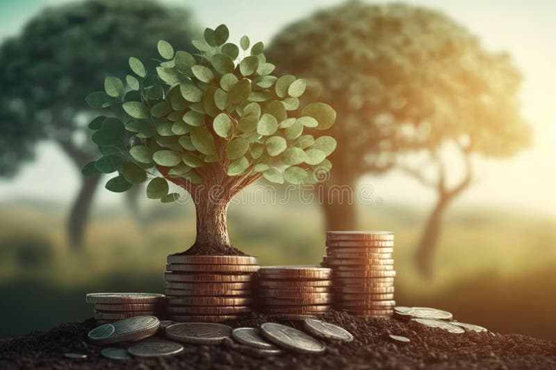 Growing Wealth: a Tree Sprouts from a Stack of Coins Stock Illustration ...