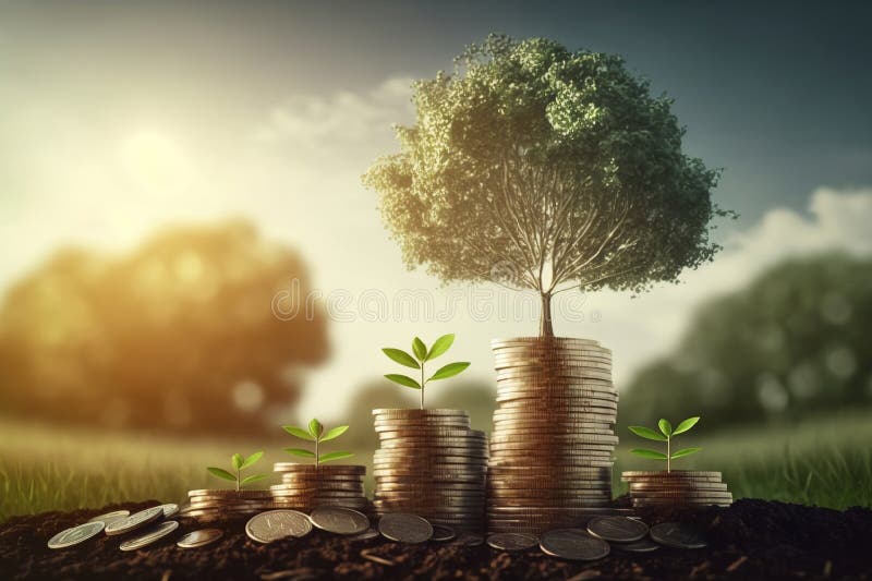 Growing Wealth: a Tree Sprouts from a Stack of Coins Stock Illustration ...