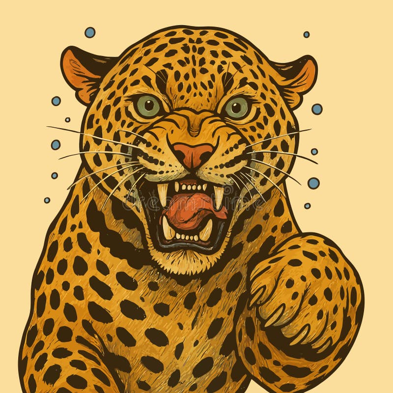 Growling Leopard Artwork with Spots and Sharp Teeth Displayed Fiercely ...