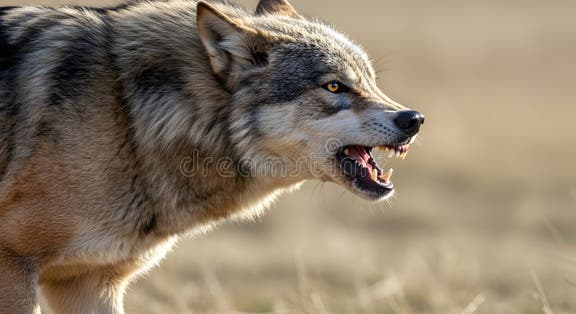 Growling Wolf, with Sharp Teeth Bared, Captured in a Powerful Pose ...