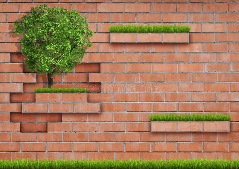 Grown Tree with Brick Wall on Green Fresh Grass. Stock Photo - Image of ...