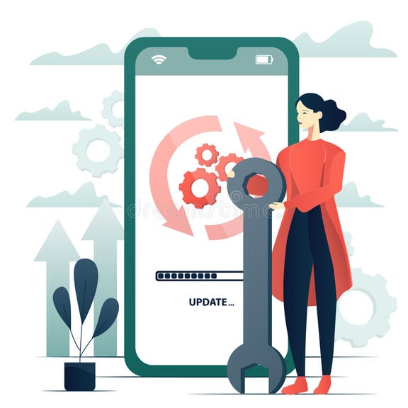 User with Spanner and Smartphone Synchronizing. Software Update Flat ...