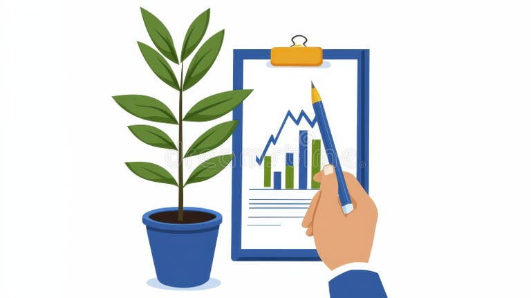 Growth Chart Analysis with Plant and Hand Holding a Pencil Stock ...