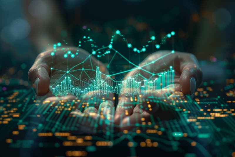 Growth Cryptocurrency Graph and Icon in Hands, Digital Art Technology ...
