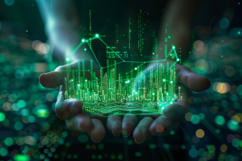 Growth Cryptocurrency Graph and Icon in Hands, Digital Art Technology ...
