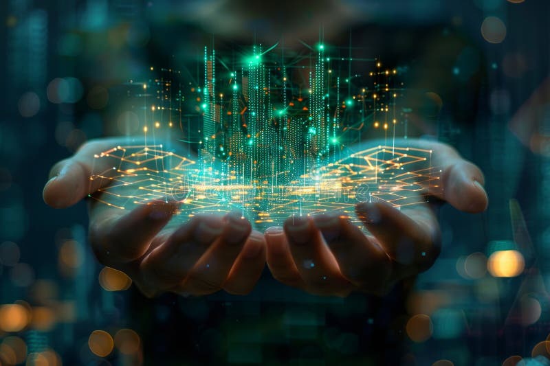 Growth Cryptocurrency Graph and Icon in Hands, Digital Art Technology ...