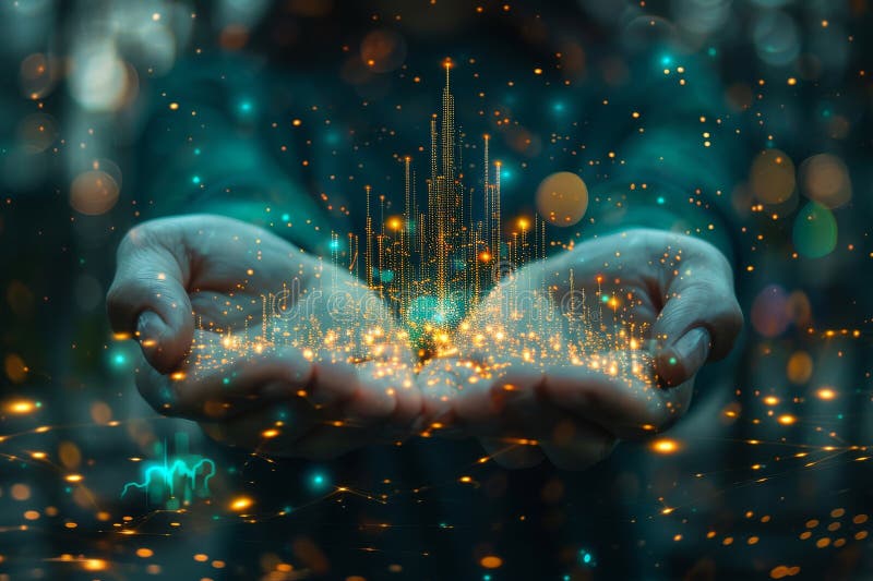 Growth Cryptocurrency Graph and Icon in Hands, Digital Art Technology ...