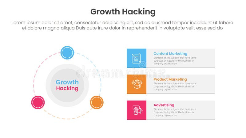 Growth Hacking Infographic 3 Point with Big Circle and Outline Badge on ...