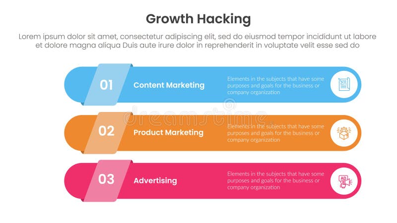 Growth Hacking Infographic 3 Point with Long Round Rectangle Shape ...