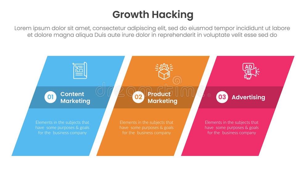 Growth Hacking Infographic 3 Point with Rectangle Skew or Tilt for ...