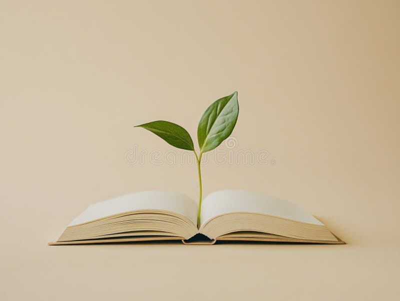Growth and Knowledge. a Single Sprout Emerging from an Open Book for ...