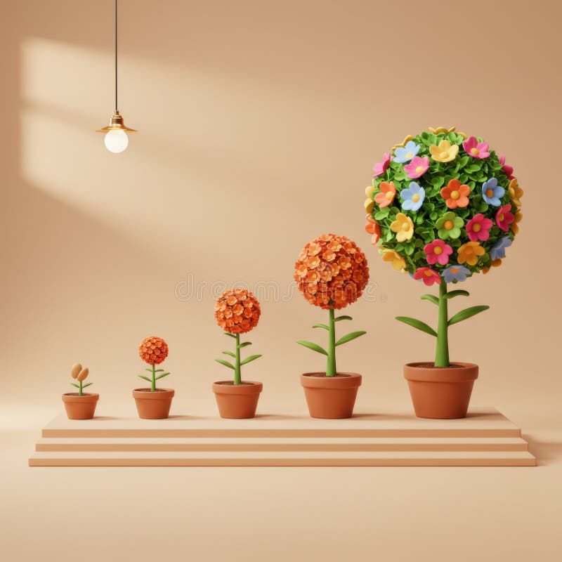 Growth Stages of Colorful Flower Plants in Pots Stock Illustration ...