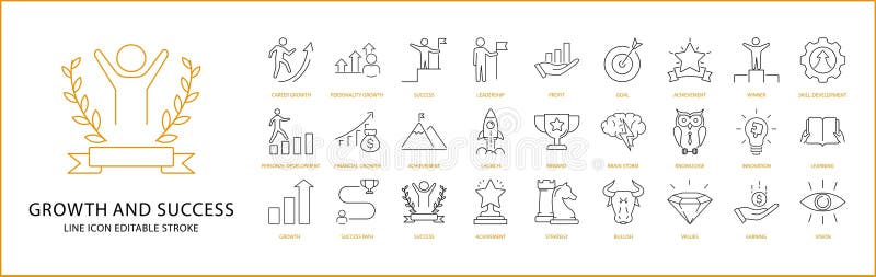 Growth and Success Icon Set in Line Style. Stock Vector - Illustration ...