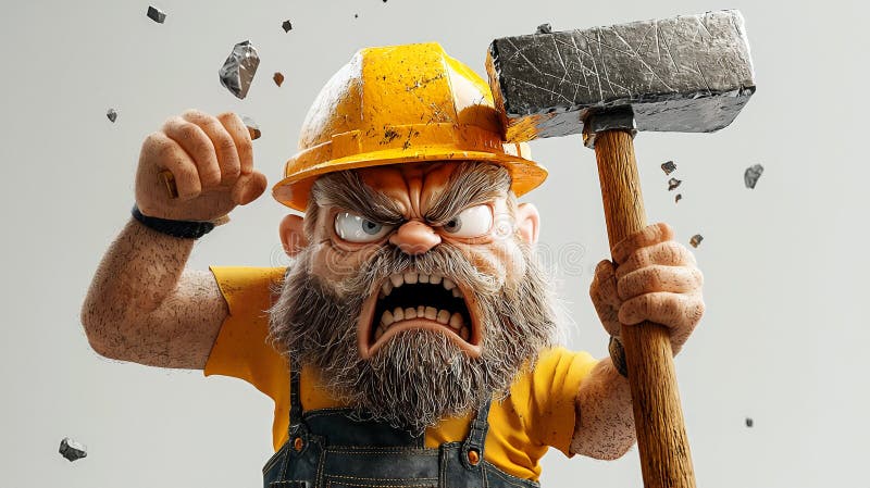 Gruff Construction Worker Swinging a Heavy Hammer on a Construction ...