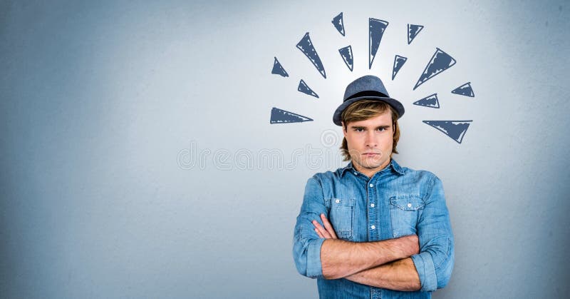 Grumpy Angry Man with Triangle Doodles on Blue Background Stock Image ...