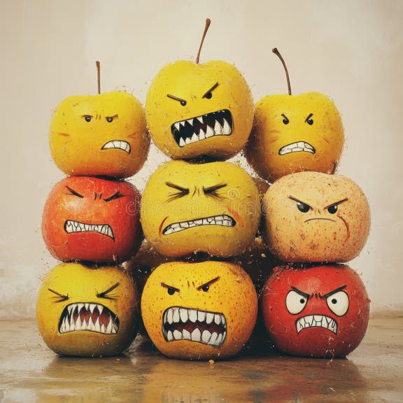 Grumpy Apples in a Stacked Arrangement with Dramatic Features Stock ...