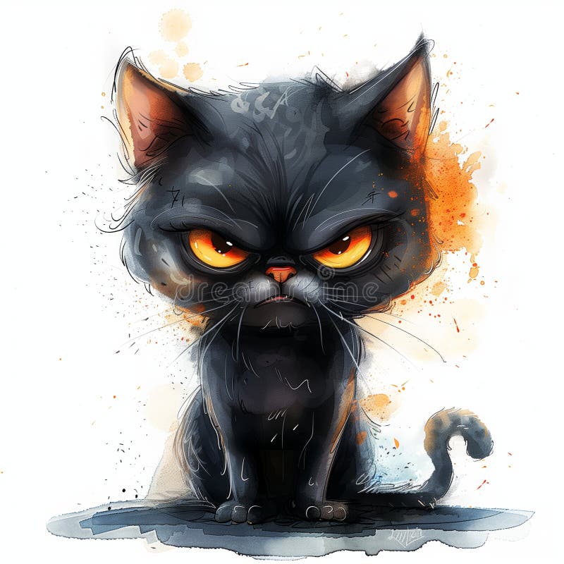 A Grumpy Black Cat with Bright Orange Eyes Sitting on a Ledge Against a ...