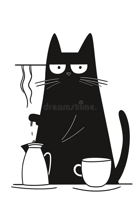 Grumpy Black Cat Making Coffee. (1 Stock Illustration - Illustration of ...