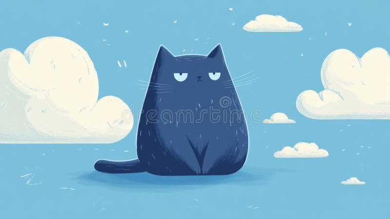 Grumpy Blue Cat Sitting among Fluffy White Clouds on a Light Blue ...