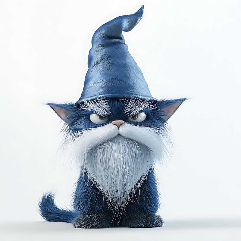 Grumpy Blue Cat Wearing a Wizard Hat a Whimsical 3D Rendering of a ...