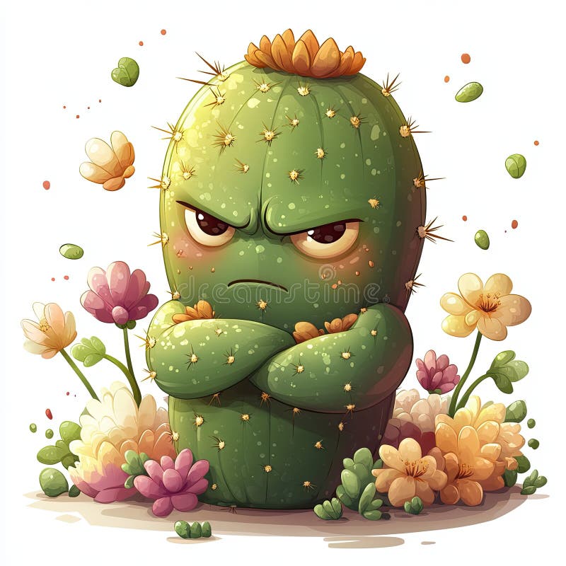 Grumpy Cartoon Cactus with Tiny Arms Surrounded by Colorful Flowers Stock Illustration ...