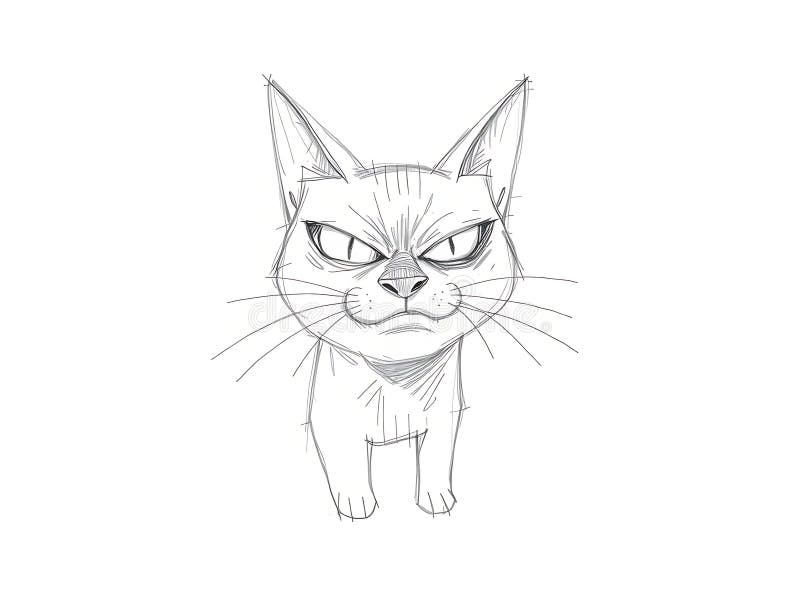Grumpy Cartoon Cat Sketch with Angry Expression on White Background ...